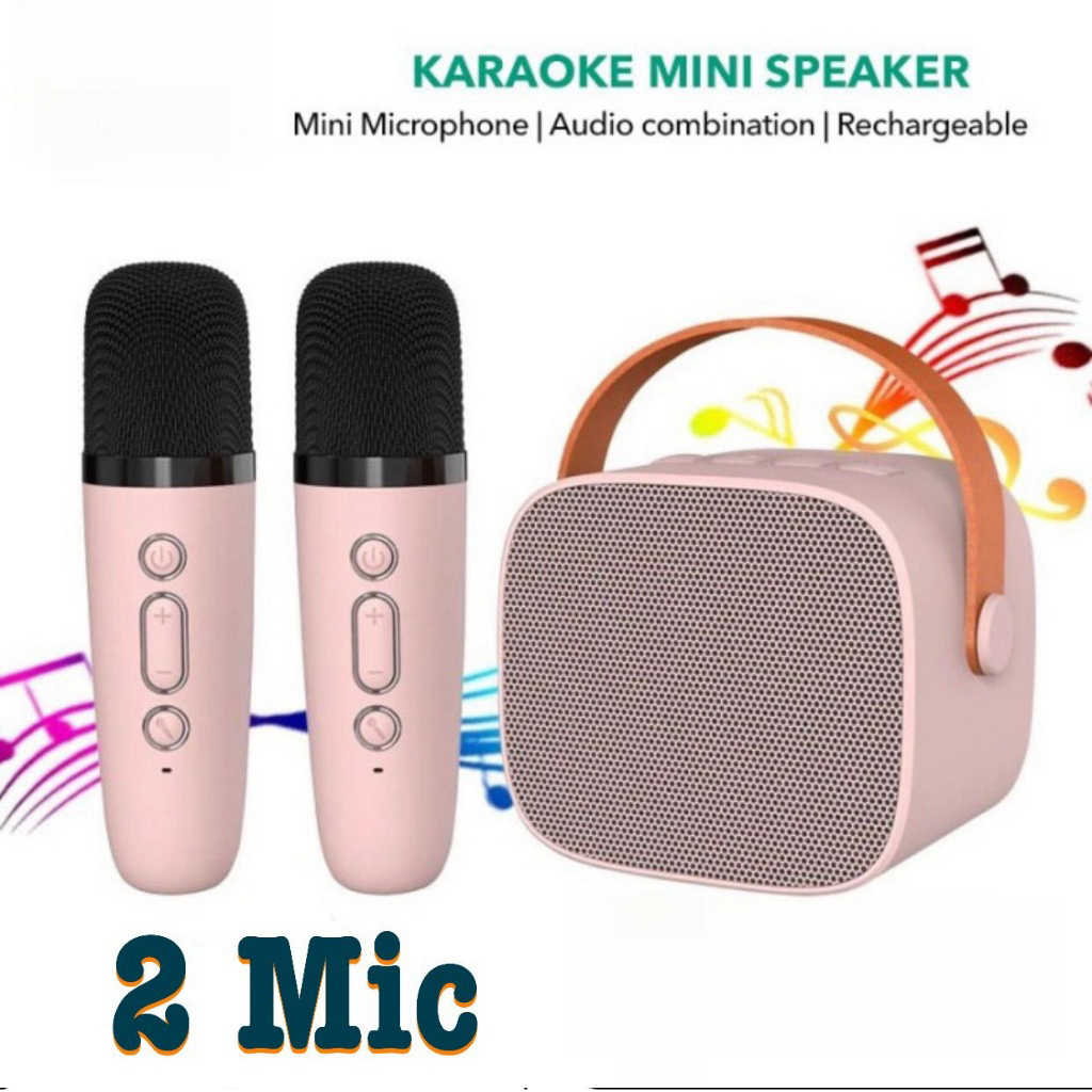 Mini Bluetooth Speaker With Mic Karaoke Set Wireless Dual Microphone 3D Stereo Amplifier Pink ...
