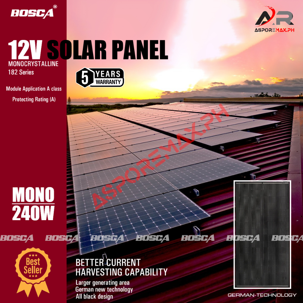 BOSCA 5Year Warranty #182 Series 240W Monocrystalline 12V Solar Panel ...