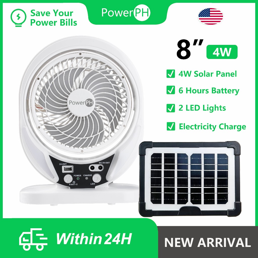 POWERPH 8inch Rechargeable Electric Solar Mini Fan With 4W Solar Panel ...