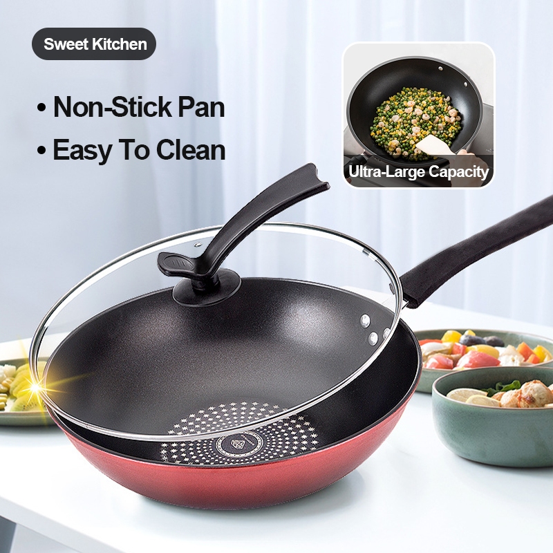 32CM Non Stick Pan with Cover Composite Diamond Coating Wok Stir-fry Pans Kitchen Frying Pan ...