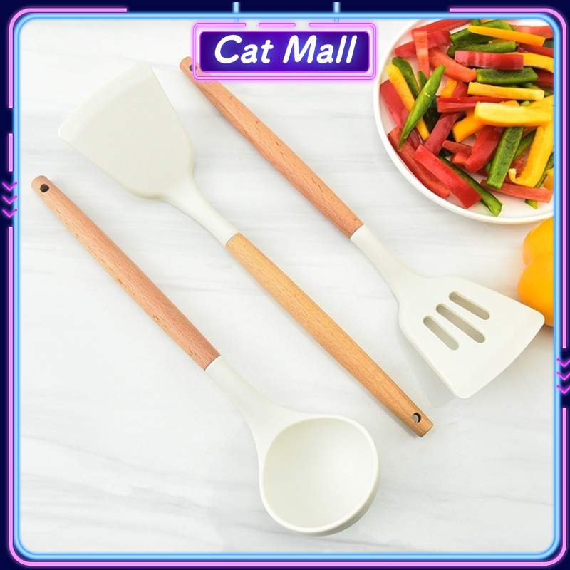 Wooden Handle White Color Non-Stick Silicone Kitchen Utensils Set ...