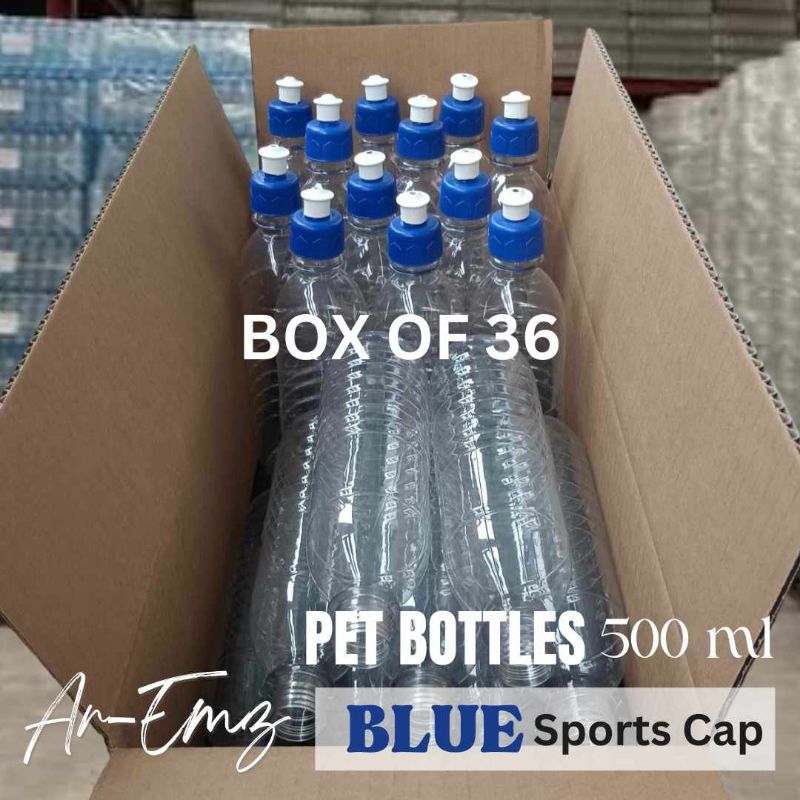 Ar-Emz Box of 36 Empty Plastic Bottles 500 ml With Blue Sports Caps For ...