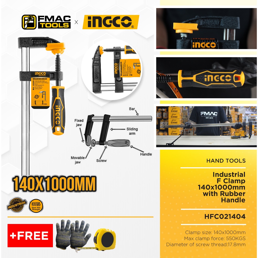 INGCO Industrial F Clamp 140x1000mm with Rubber Handle HFC021404 ...