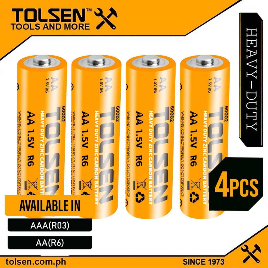 Tolsen 4pcs Heavy Duty Zinc Carbon Battery [ONLINE EXCLUSIVE] AAA(R03) | AA(R6) (0.00% Mercury ...