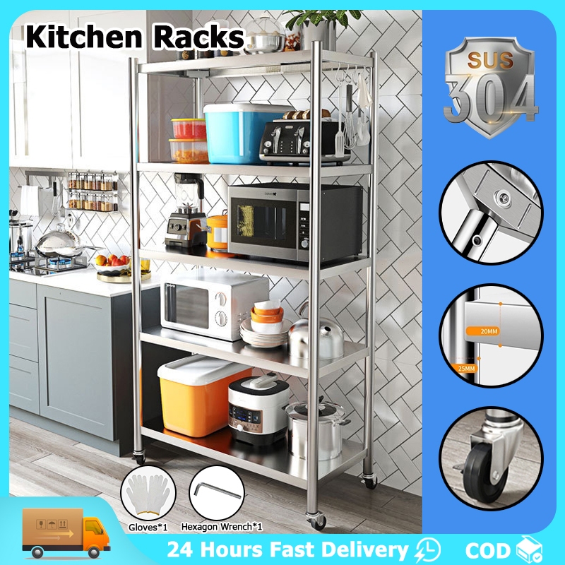 Thicken Kitchen Rack Organizer with Wheels Stainless Steel Kitchen ...