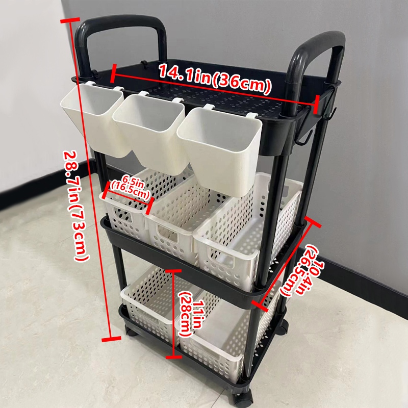 3 Tier Plastic Trolley Trolley Organizer with Handle Wheels and 3 ...