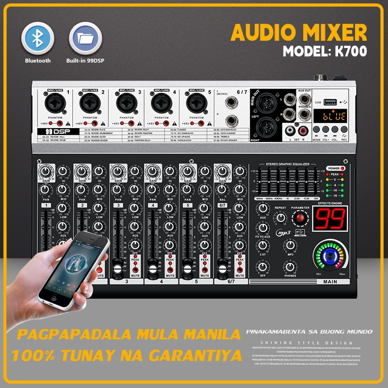 K700 Propesyonal 7-Way Audio Mixer Built -in 99DSP Epekto/7 Segment ...