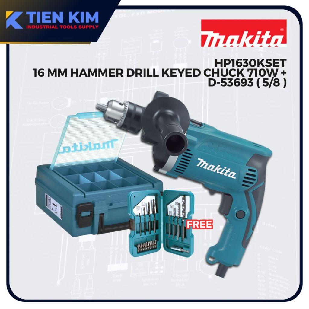 MAKITA HP1630K Hammer Drill 16mm 710w with Carrying Case and 17-pc ...
