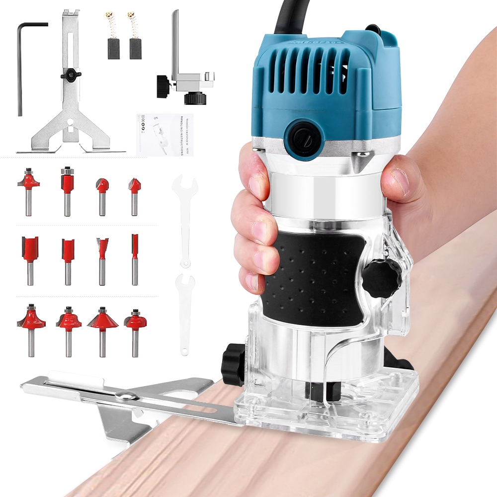 1000W Power Tools Handheld Palm Wood Router With 15pcs Bits Electric ...