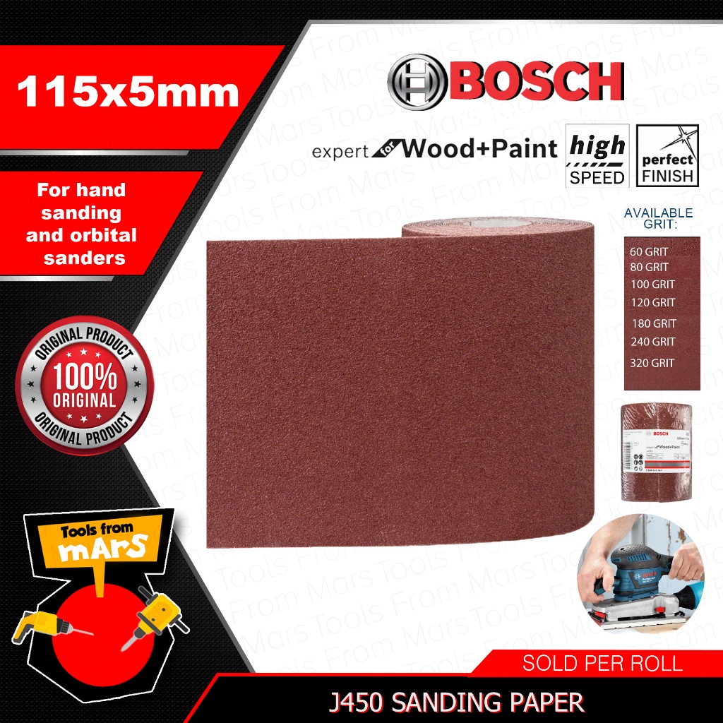 Bosch 115mmx5m Hand Sanding Sheet Sandpaper Roll J450 Expert for Wood ...
