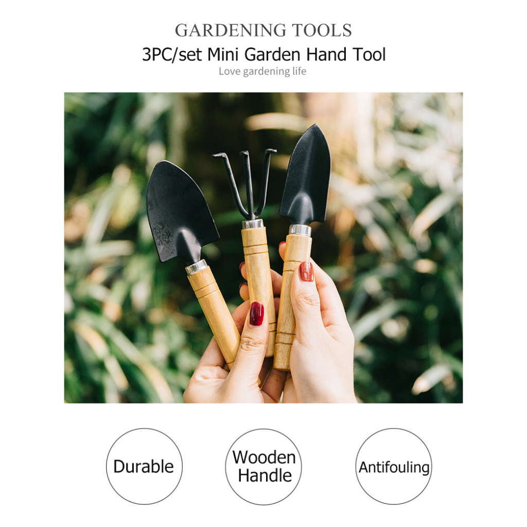 3Pcs Mini Gardening Tool Set Spade Shovel Harrow Rake With Wooden ...