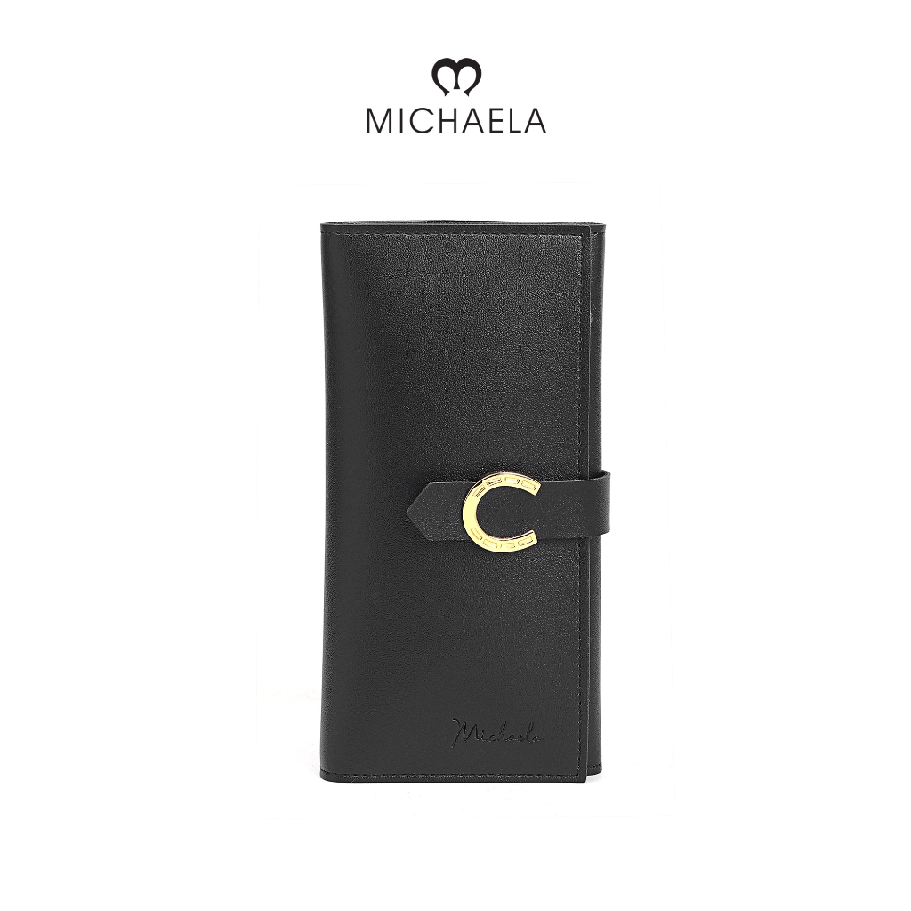 MICHAELA Trifold Long Wallet with Gold C Accent Snap Button 15 Card ...