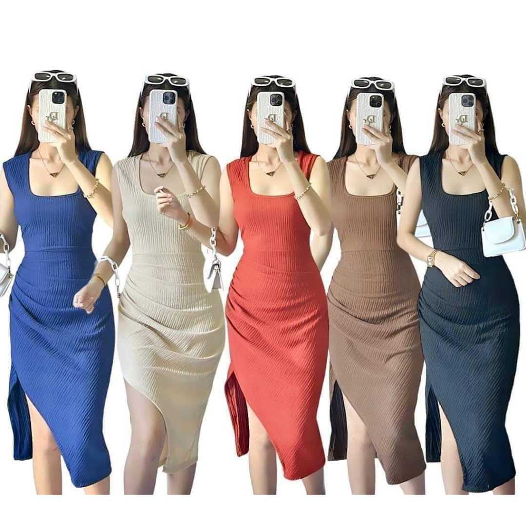 LENA SQUARE NECK SIDE SLIT DRESS FABRIC:COTTON BARKCREPE FIT SMALL TO ...