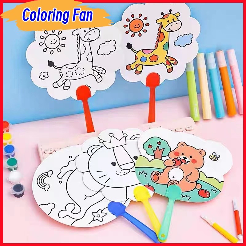 Cartoon Coloring Painting Fan Diy Blank Paper Fan Children's Painting ...