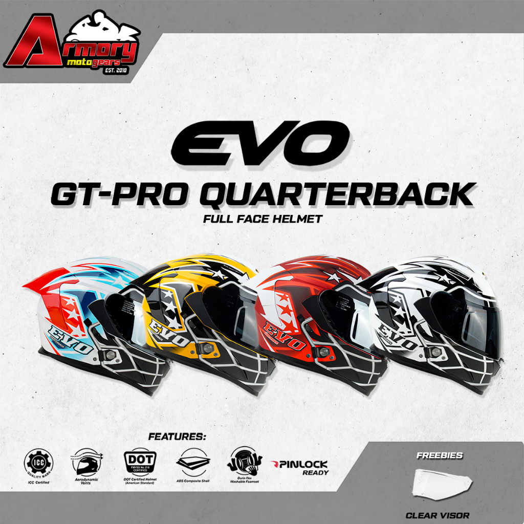 EVO GT-PRO QUARTERBACK (DUAL VISOR) FULL FACE HELMET FREE CLEAR LENS ...