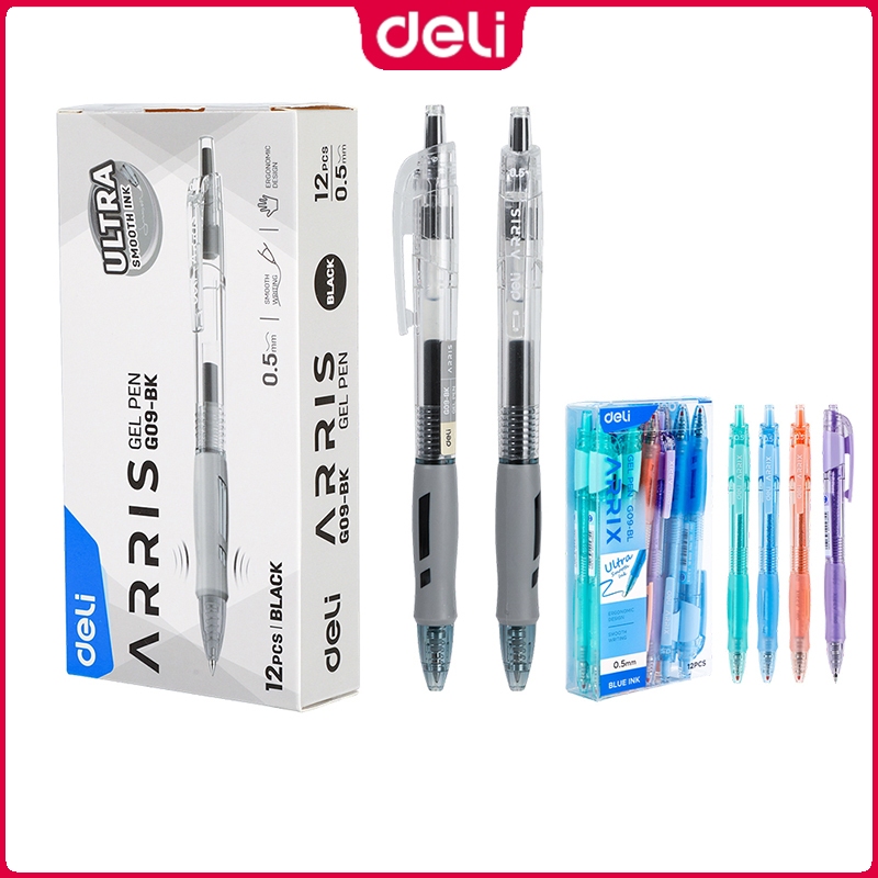 Deli EG09 Ballpen 0.5mm Press Gel Pen Black/Blue Ink Student Writing ...