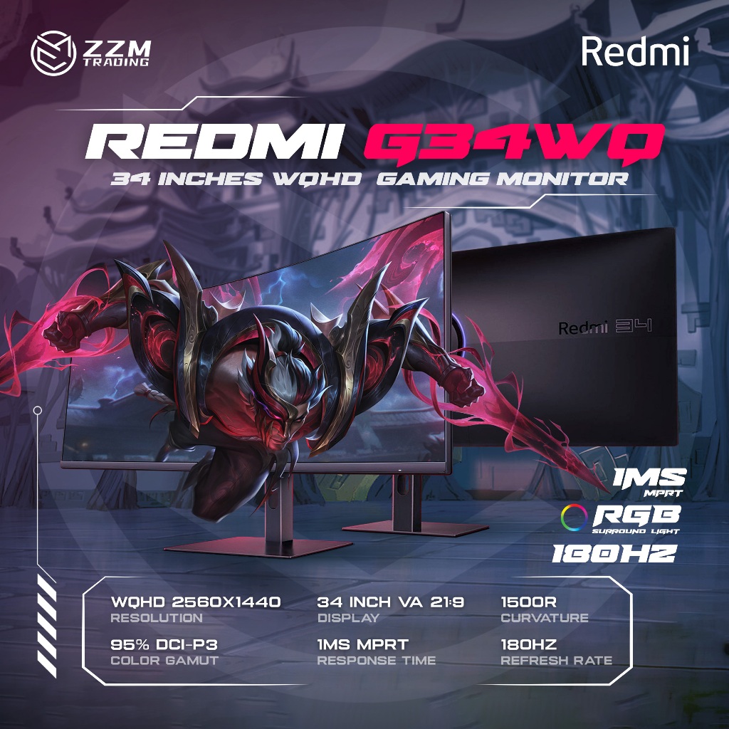Xiaomi Redmi G34WQ WQHD Curved Gaming Monitor 180Hz refresh rate 95%DCI ...