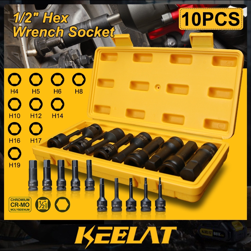 KEELAT 10Pcs 1/2" CR-MO Hex Drive Impact Wrench Bit Screwdriver Head ...