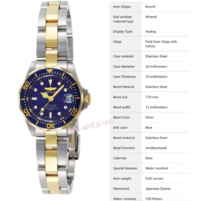 AUTHENTIC INVICTA Women's Pro Diver Collection Watch, 100m water ...