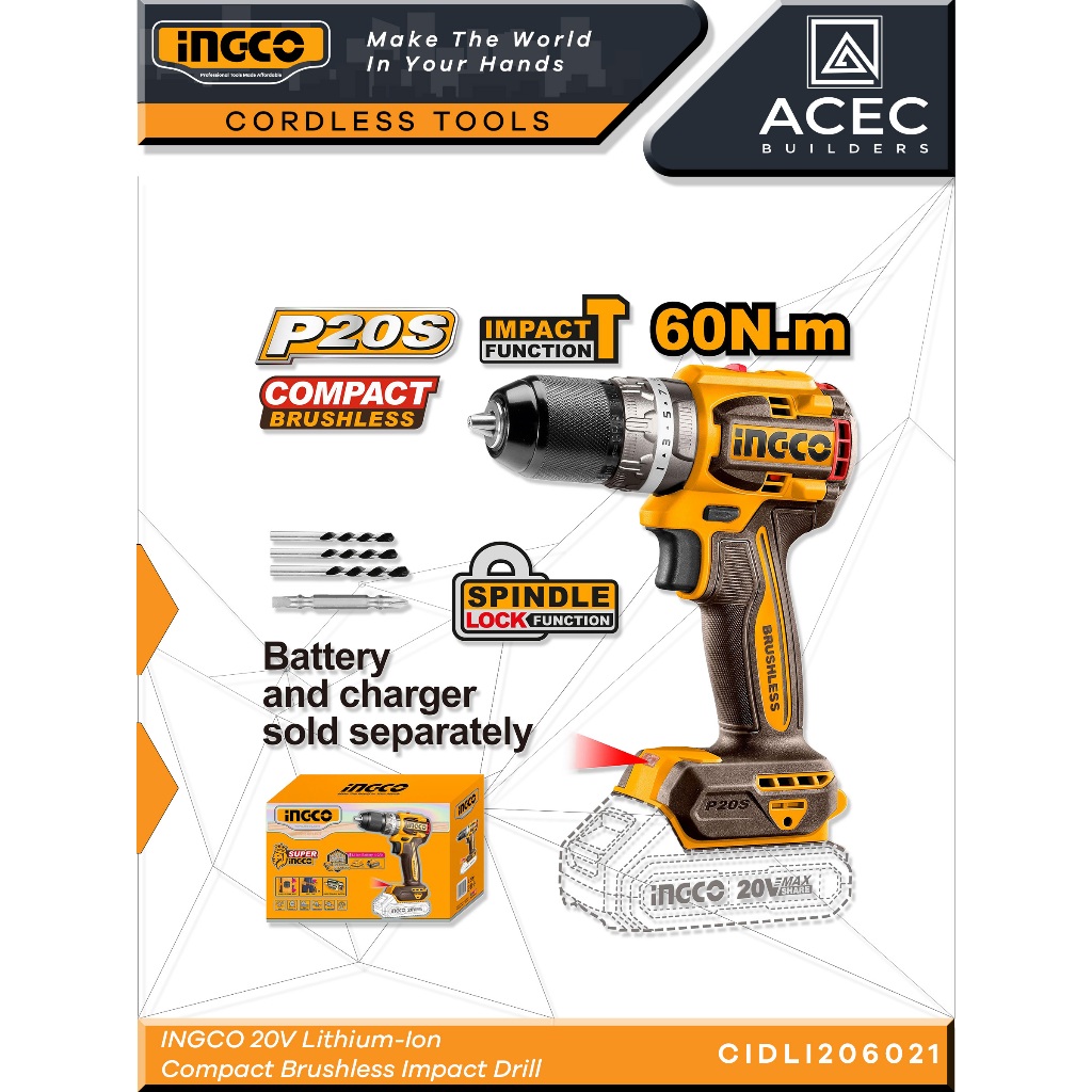 INGCO 20V Lithium-Ion Compact Brushless Impact Drill - CIDLI206021 ...