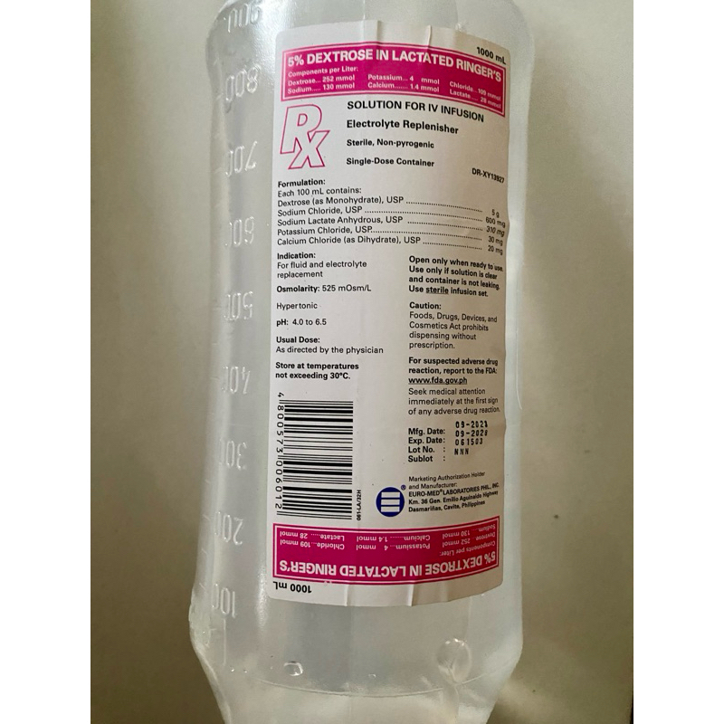 5% Dextrose in Lactated Ringer’s 1L | Shopee Philippines