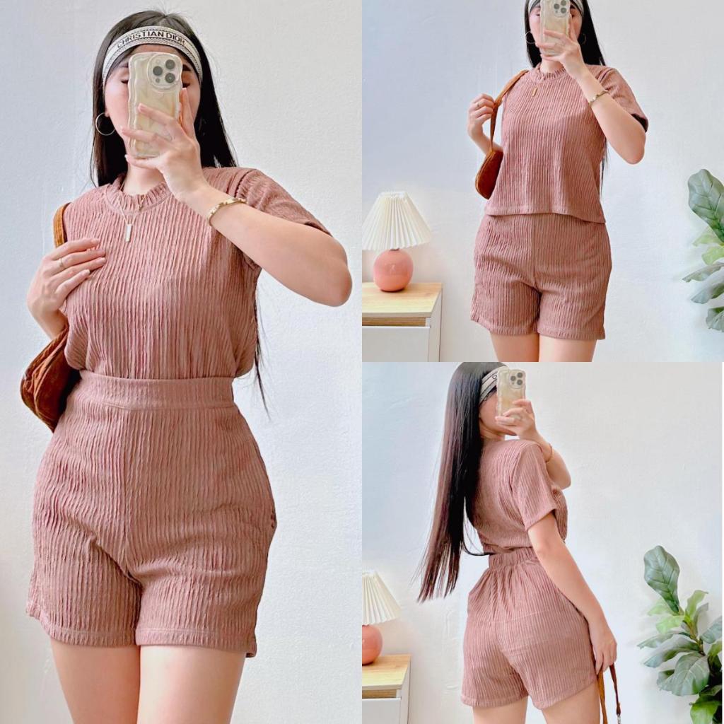 Ava Bark Crepe Round Neck Short Sleeve Top Terno Short Two Pockets ...
