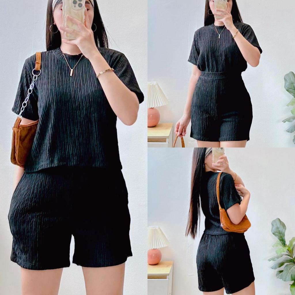Ava Bark Crepe Round Neck Short Sleeve Top Terno Short Two Pockets ...