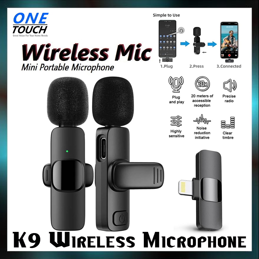 K9 Wireless Lavalier Microphone Audio Video Recording Live Vlogging ...