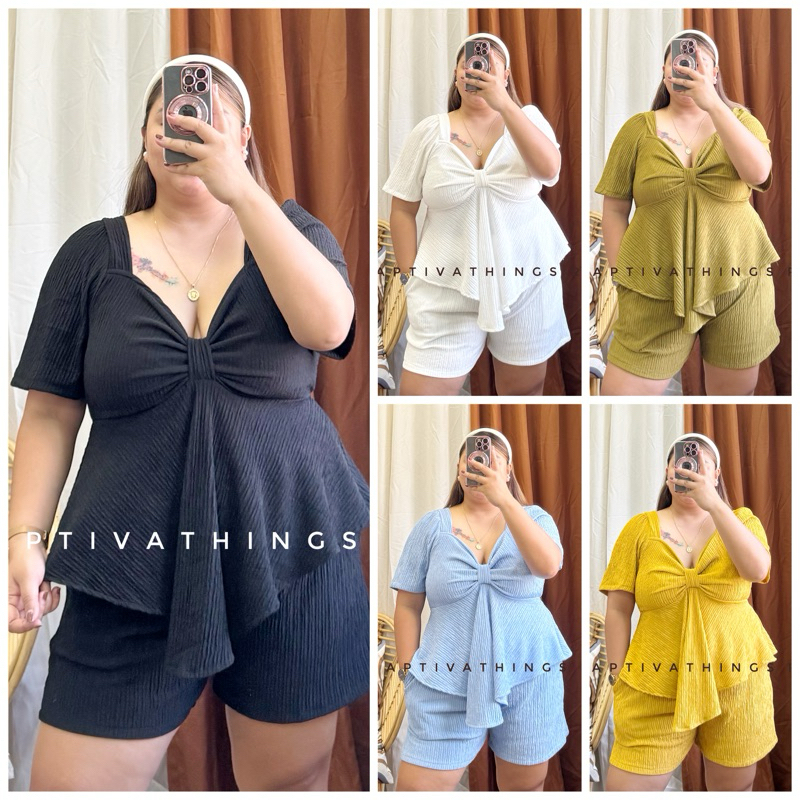 PLUS SIZE XL-3XL Bailey Peplum Coords Front Ribbon Sweetheart Neck Top Short Terno w/ Pockets ...