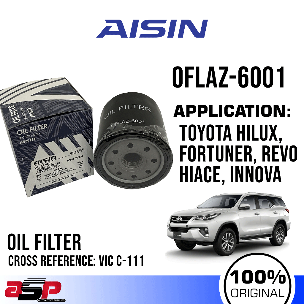 AISIN Oil Filter for Toyota Diesel, Fortuner, Hilux, Hiace, Innova ...