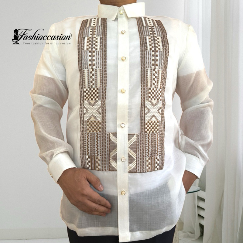 Barong Tagalog Men’s Pinya Cocoon white w/ Brown Embroidery | Shopee ...