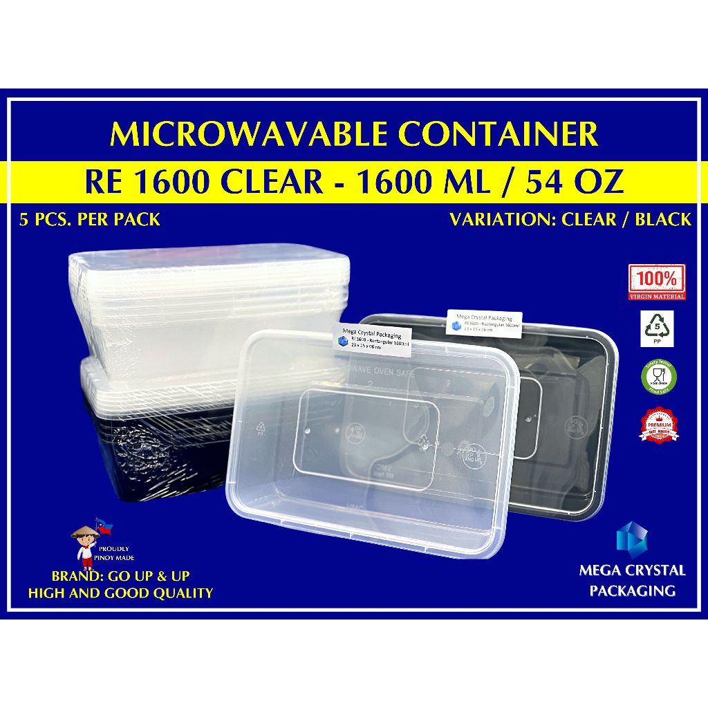 [ 5 Pcs ] Microwavable Container RE 1600 - Rectangular 1600 ml CLEAR / BLACK | Shopee Philippines