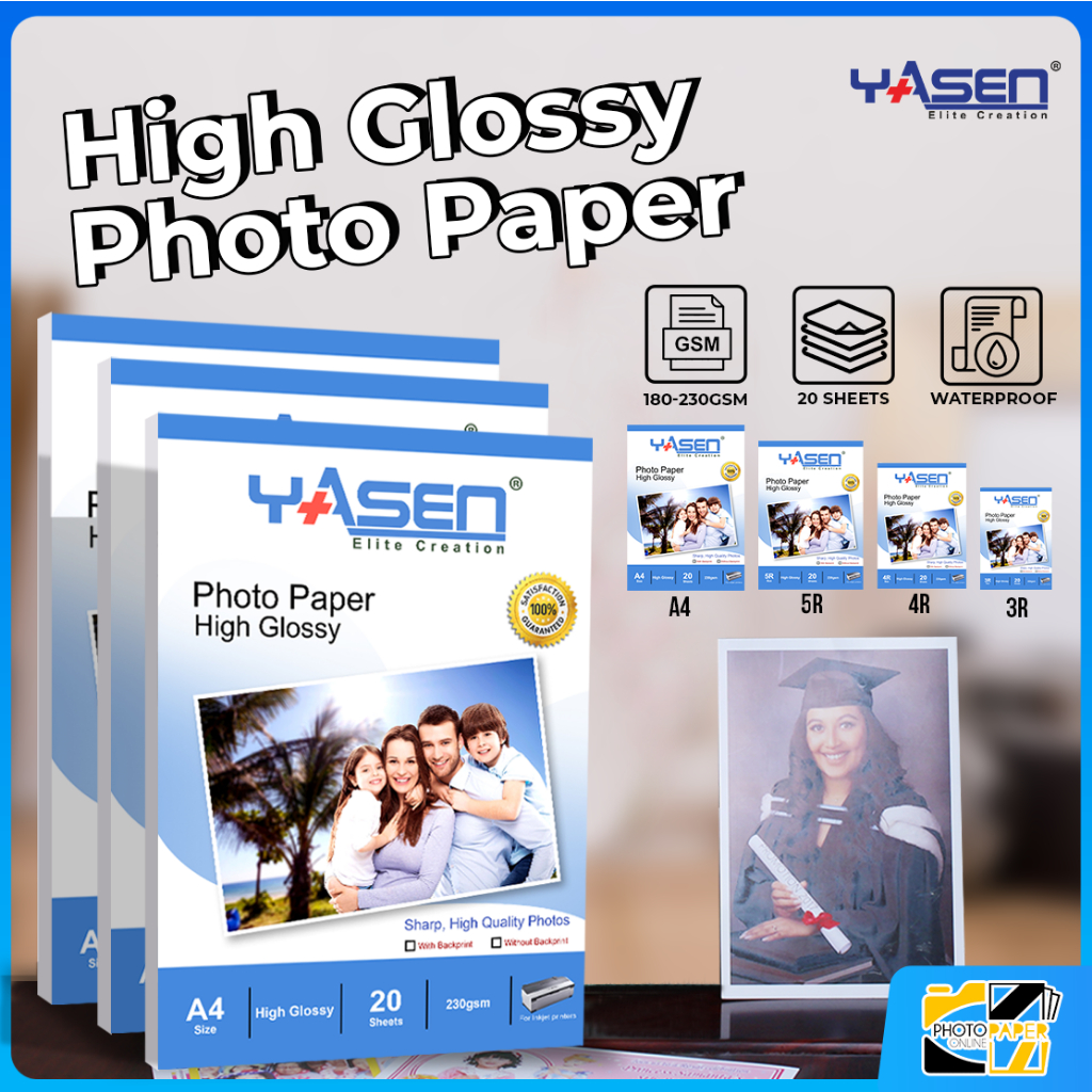 Yasen Glossy Inkjet Photo Paper (20 Sheets) A4 | 5R | 4R | 3R Size with ...