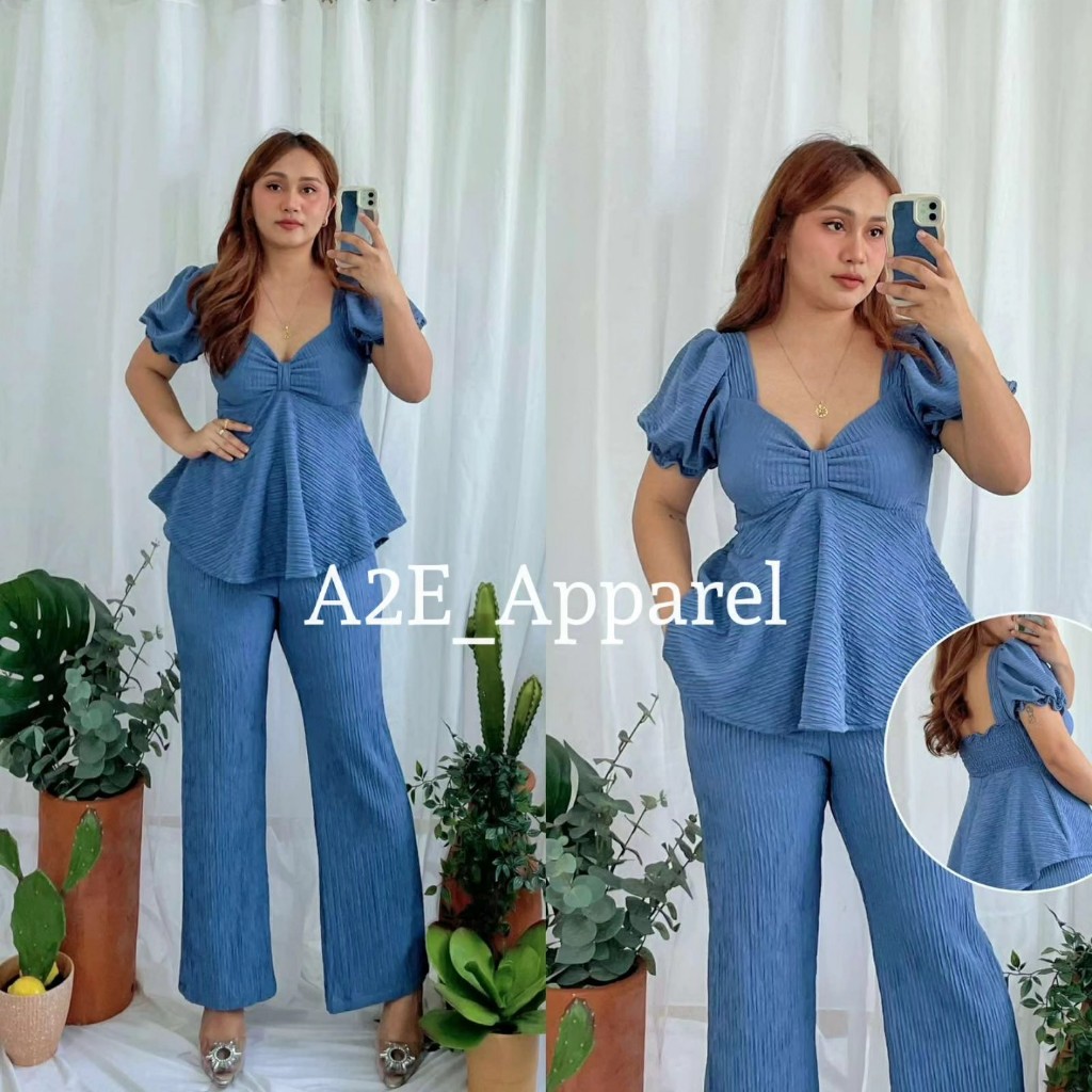 A2E | Inah Terno | Puff Sleeves Padded Peplum Top with Pants Terno ...