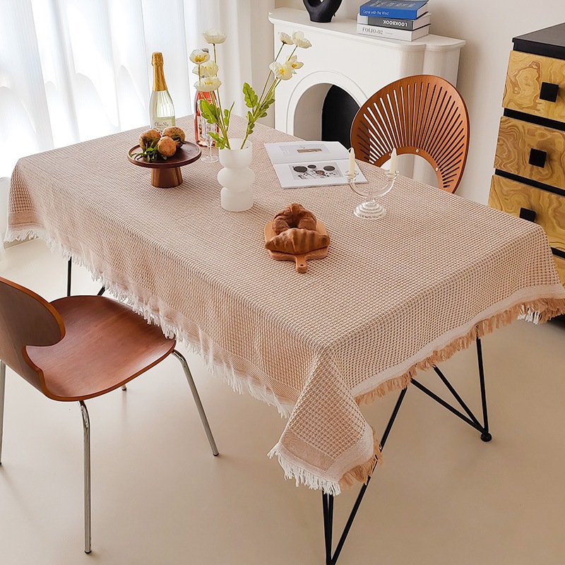 HALLOMALL Waffle Pattern Tablecloth Simple Style Cotton Linen Tassle ...