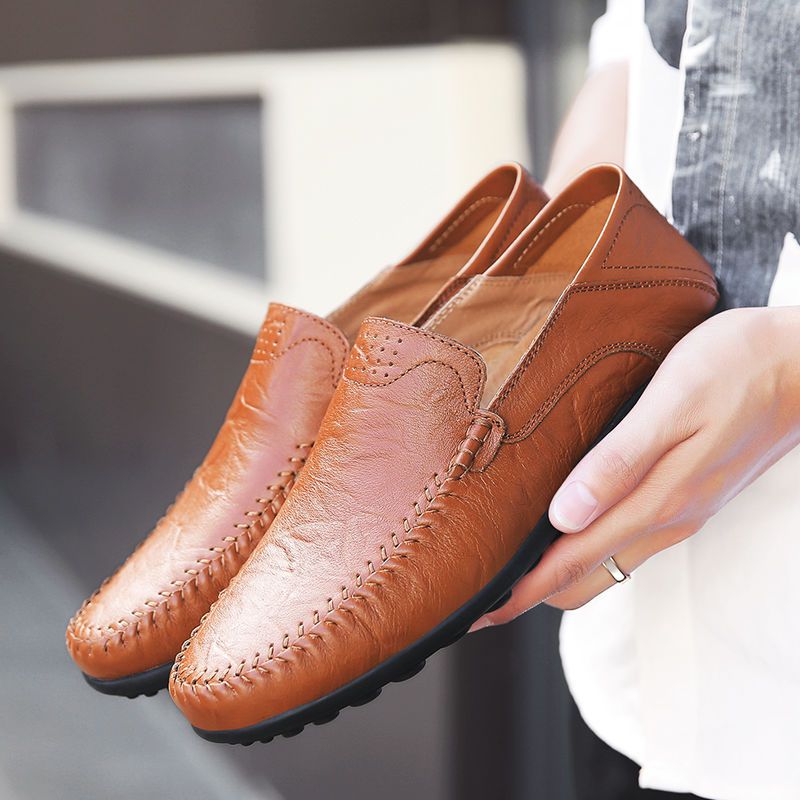 Trendy Men's Casual Shoes Soft Leather Slip On Brown Mens Business ...