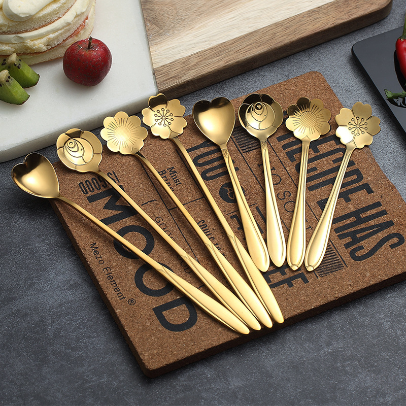 YYDS 12.8cm/17.8cm Stainless Steel Rose Spoon Gold Long Handle Coffee ...