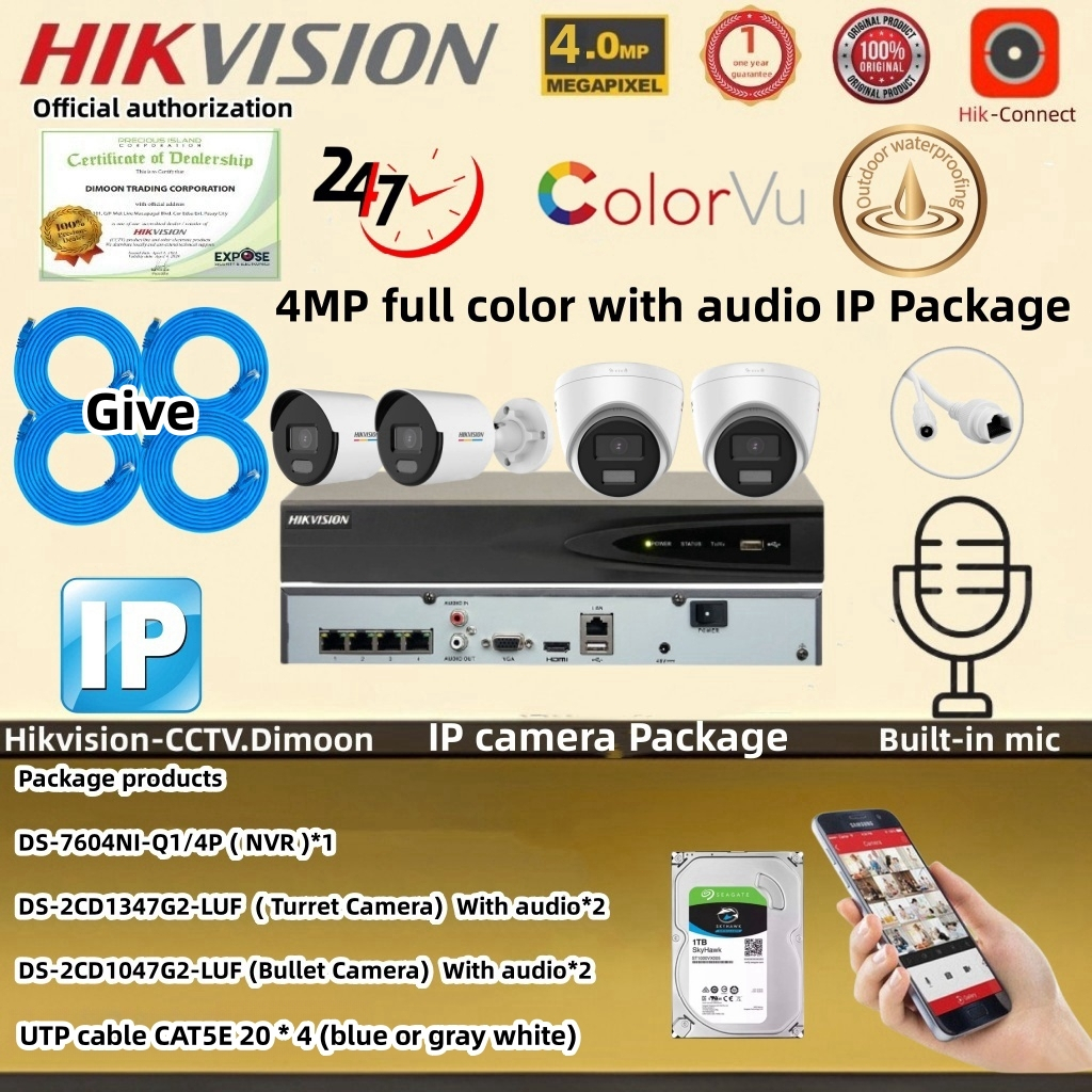 Hikvision 2/4MP IP Camera Package full color with audio Network IP ...
