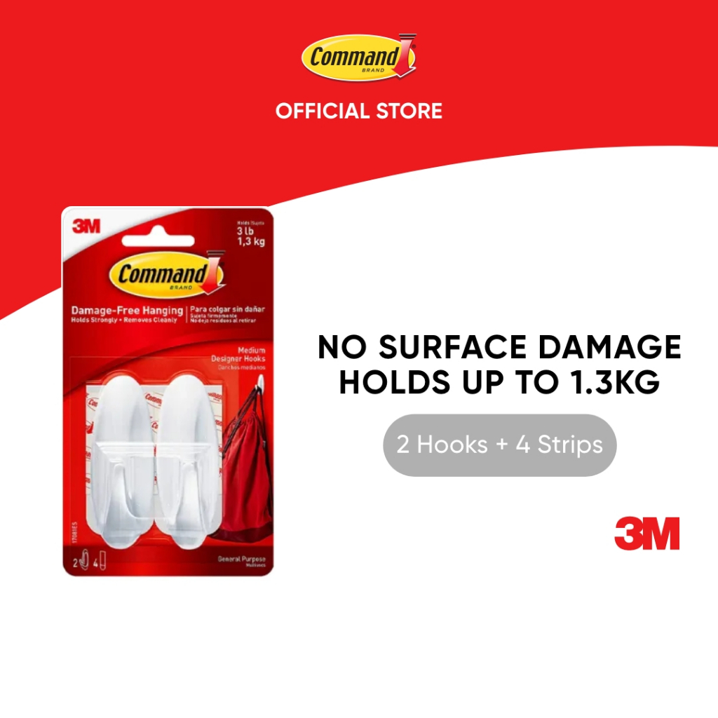 3M™ Command™ Medium Designer Hooks, 17081, 2 Hooks + 4 Strips Holds Up to 1.3kg | Shopee Philippines