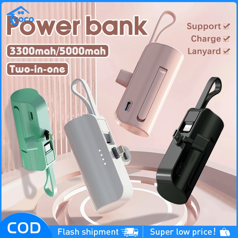 2in1 5000mAh Mini Fast Charging Portable Power Bank w/ Built-in Cable ...