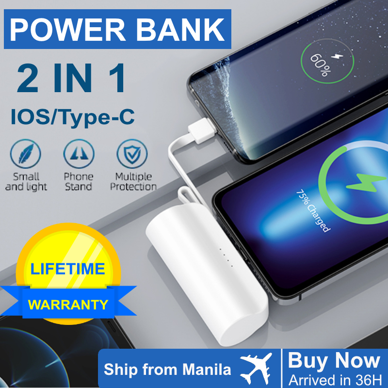 2 IN 1 Mini Portable Power Bank Full Capacity 5000MAH IOS Type C ...