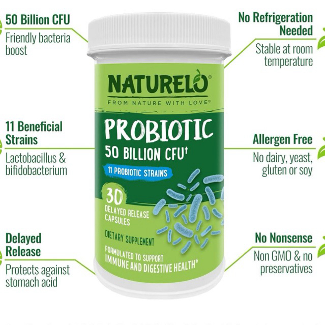 NATURELO Probiotic 50 Billion CFU 11 Probiotic Strains 30 Delayed ...