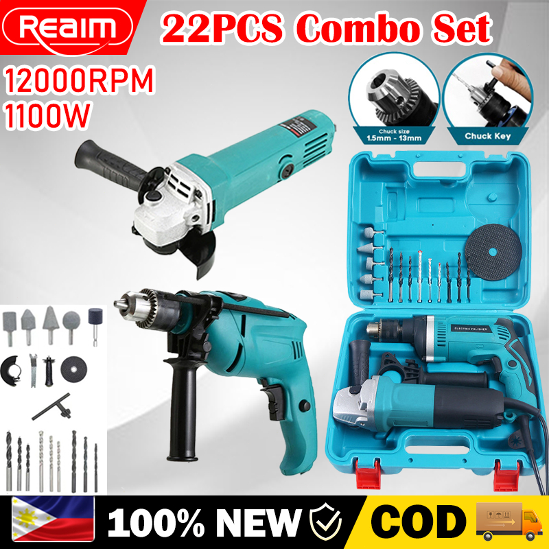 REAIM Angle Grinder & Drill Electric Barena Combo Set 2in1 Power Tool ...