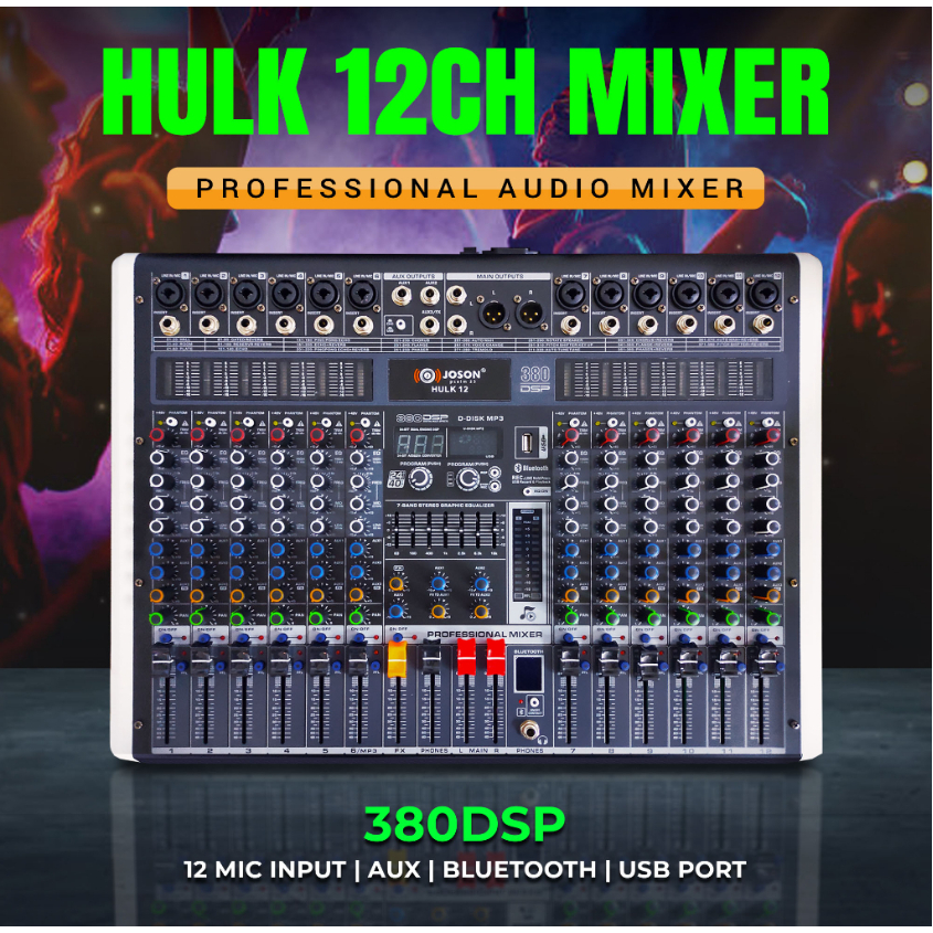 Joson HULK-12 Professional Mixer, 12-Channel Mixing Console and Aux Paths Effects Processor ...