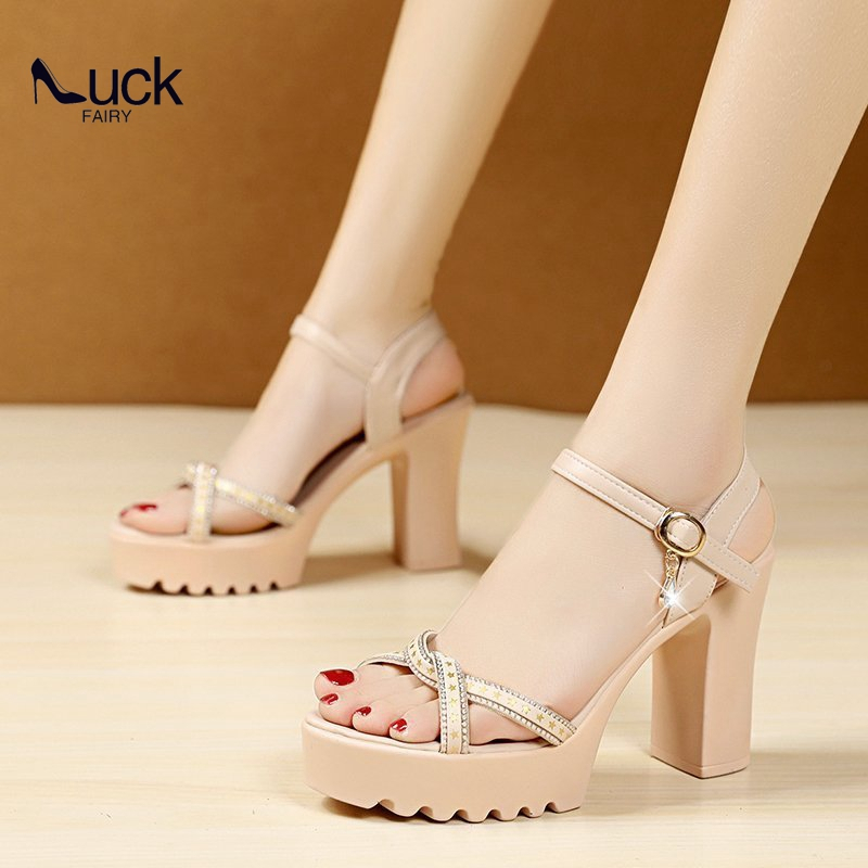 Bare the toes chunky high heels waterproof platform rhinestone one ...