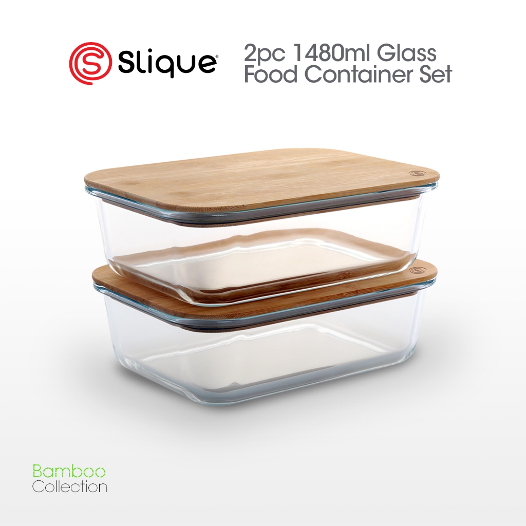 SLIQUE Food Container [Set of 2] Borosilicate Glass, Bamboo lid with ...
