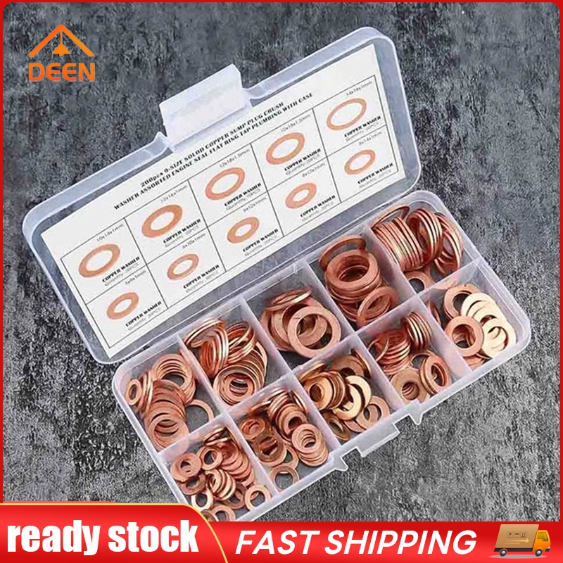 200pcs/set M5-M14 Professional Assorted Copper Washer Gasket Set Flat ...