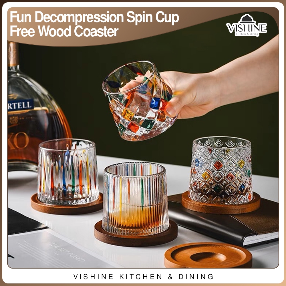 VISHINE Embossed Painted Whiskey Rotating Glass Cup Decompression Spin ...
