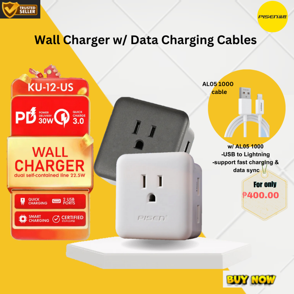 Pisen (2-in-1) Charging Plug with AL05 1M Charging & Data Cable | Shopee Philippines