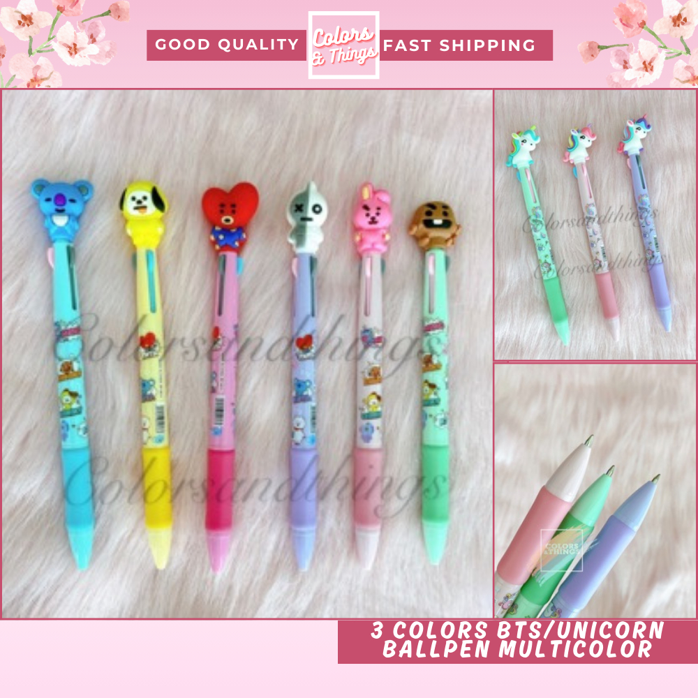 3-Color Multicolor Ballpen BTS & Unicorn Design, Smooth Writing Gel Pen ...